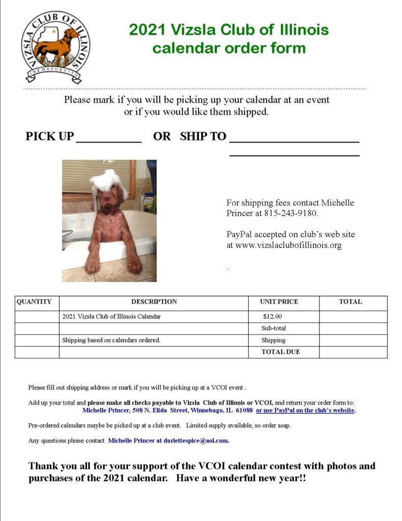 2021 Award Plaque Order Forms – Vizsla Club of Illinois